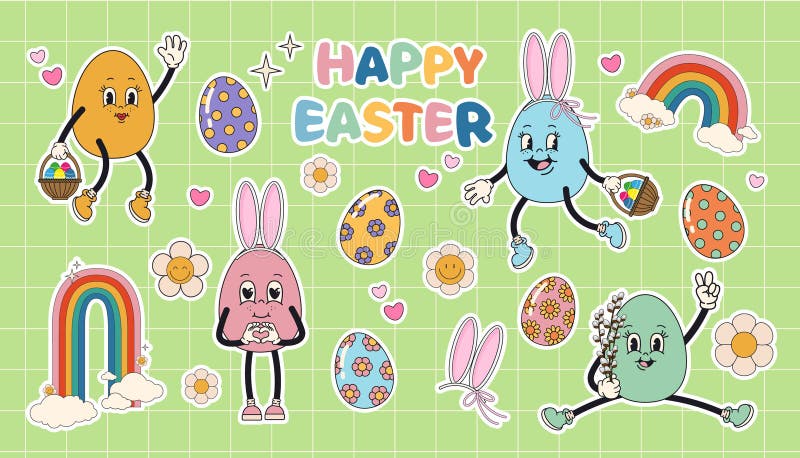 Groovy Easter Sticker Set with Funny Eggs Characters with Cheerful ...