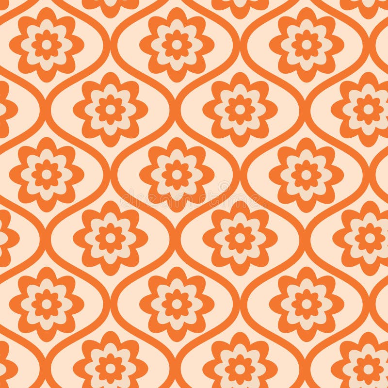 Retro 70s Orange Flowers on Orange Mid Century Ogee Ovals Seamless ...