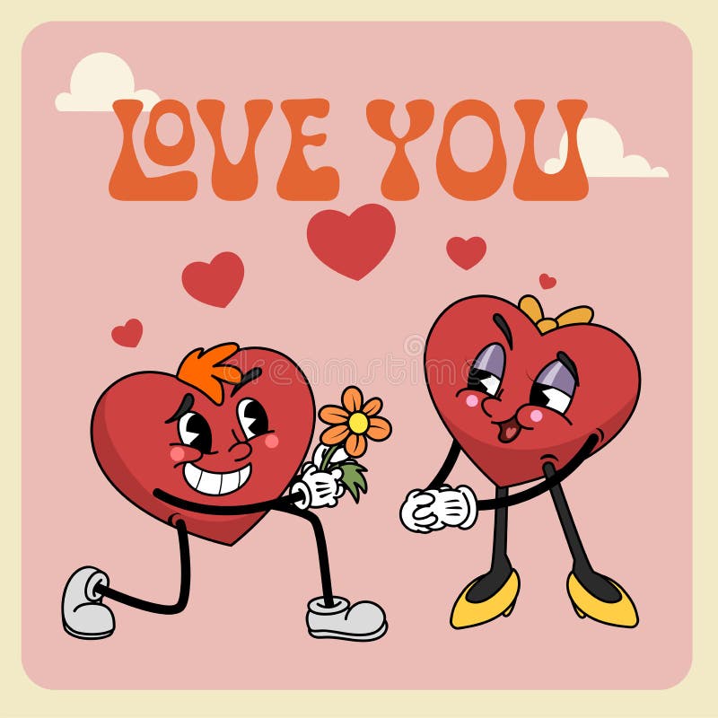 Groovy Heart Mascot Characters Retro Cartoon Style Cute Cartoon Love Scene Best For