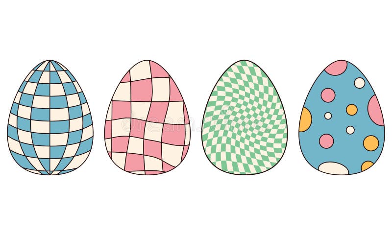 Groovy Hippie Happy Easter. Set of Easter Eggs with Patterns in Trendy ...