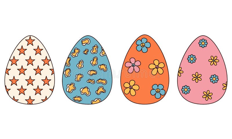 Groovy Hippie Happy Easter. Set of Easter Eggs with Patterns in Trendy Retro 60s 70s Style ...