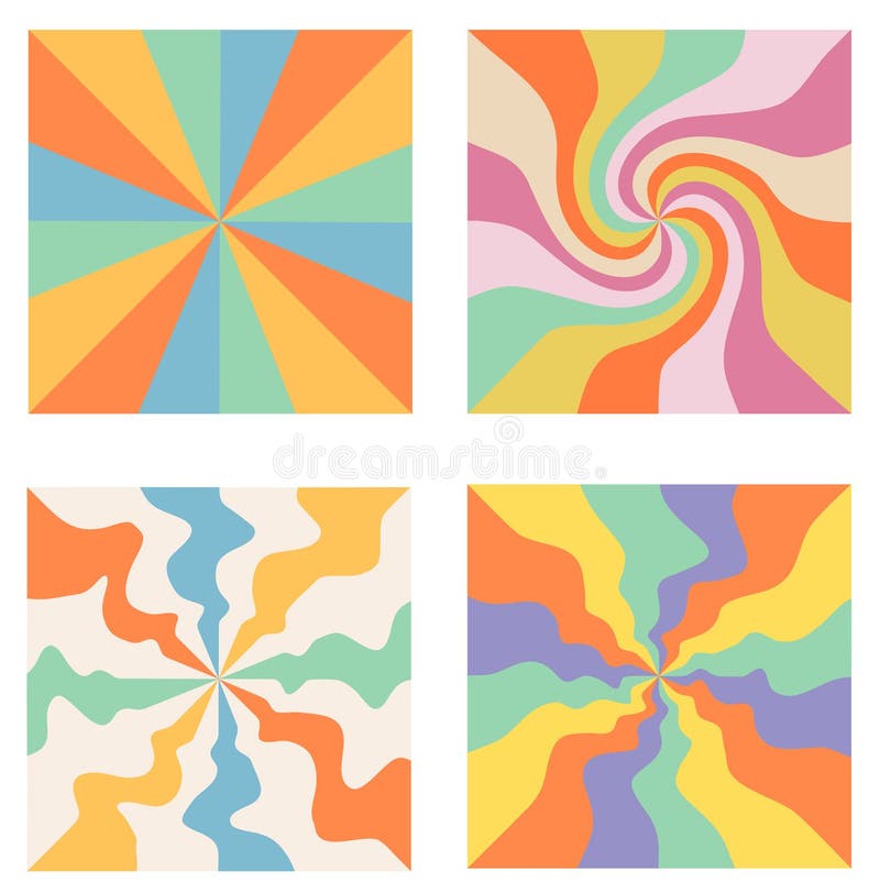 Groovy Hippie 70s Backgrounds Set, Psychedelic Color Lines and Waves ...