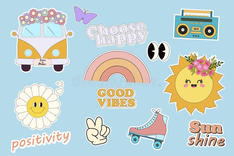 Groovy Hippie 70s Stickers. Funny Cartoon Flower,rainbow, Peace, Love ...