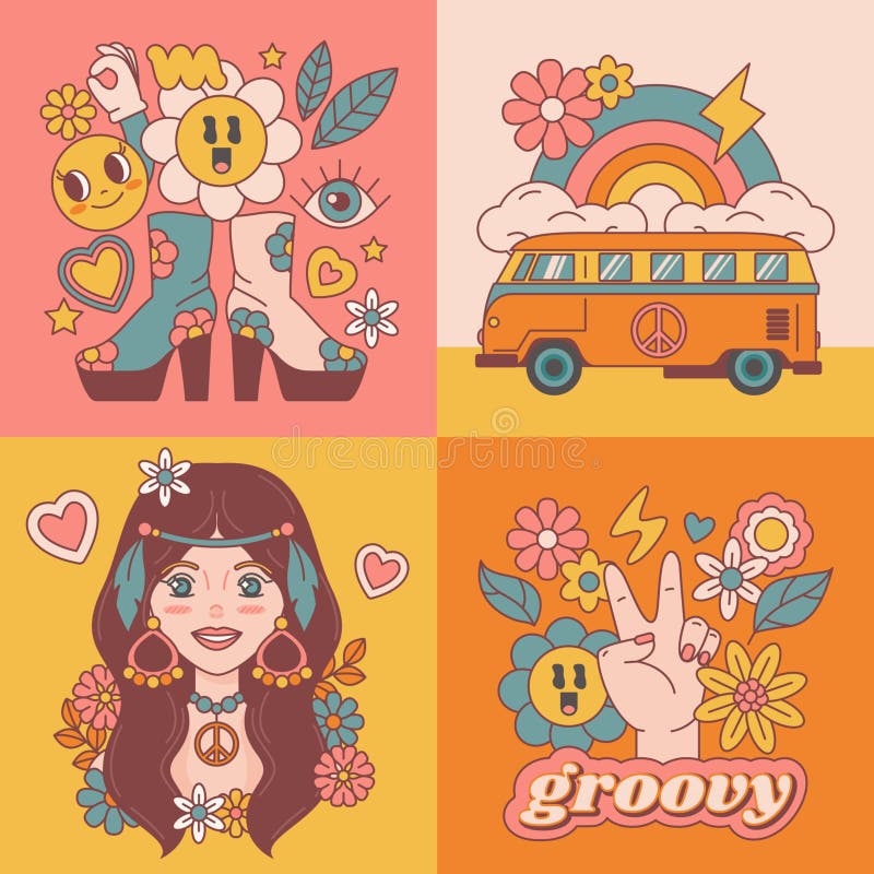 Groovy Illustrations in Hand Drawn Style Stock Illustration ...