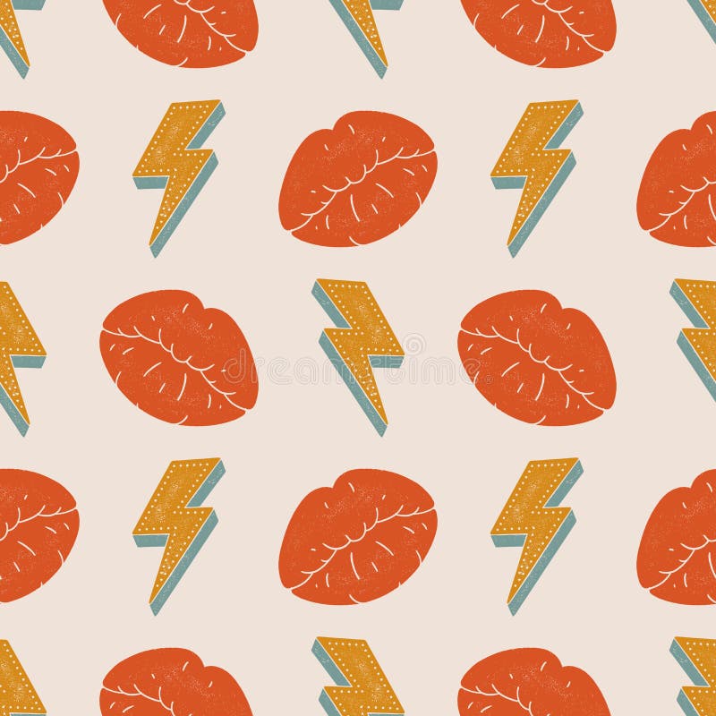Groovy Lips and Lightning Seamless Pattern Retro Psychedelic 70s Vector Design. Textured ...