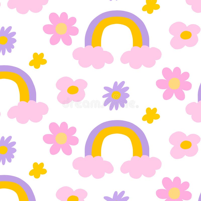 Groovy Pattern with Flowers and Rainbow. Retro Pattern with Pink ...