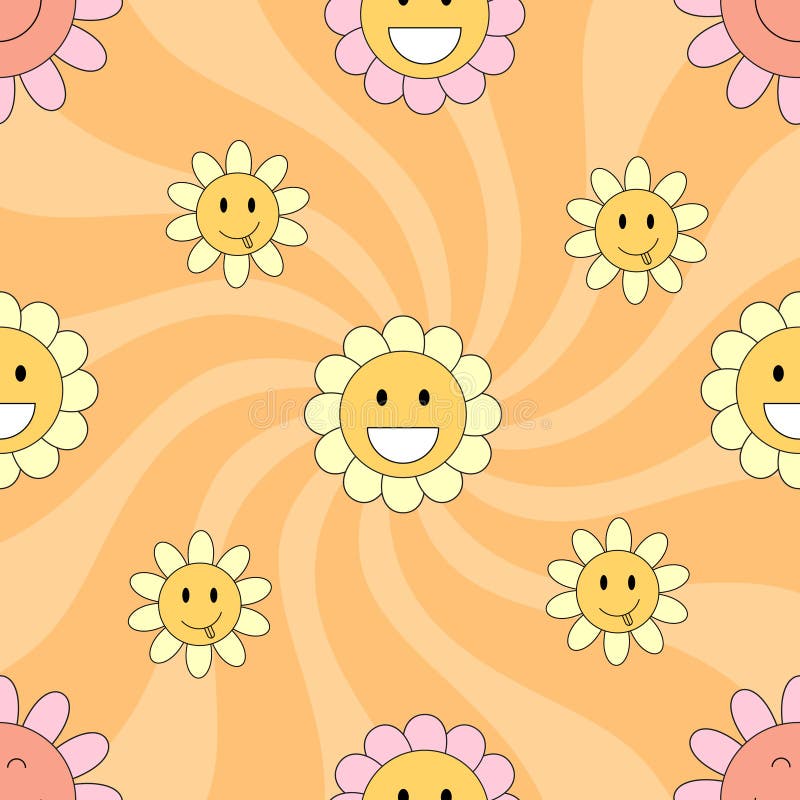 Groovy Pattern with Vintage Daisy 70s, 60s Lsd Elements Vector ...