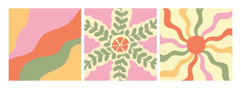 Groovy Retro Backgrounds. Sun with Rays, Flower and Waves Stock Vector ...