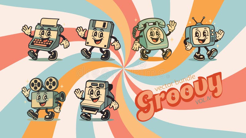 Groovy Retro Chacarters. Typewriter, Floppy Disk, Old Phone, Tv, Camera ...