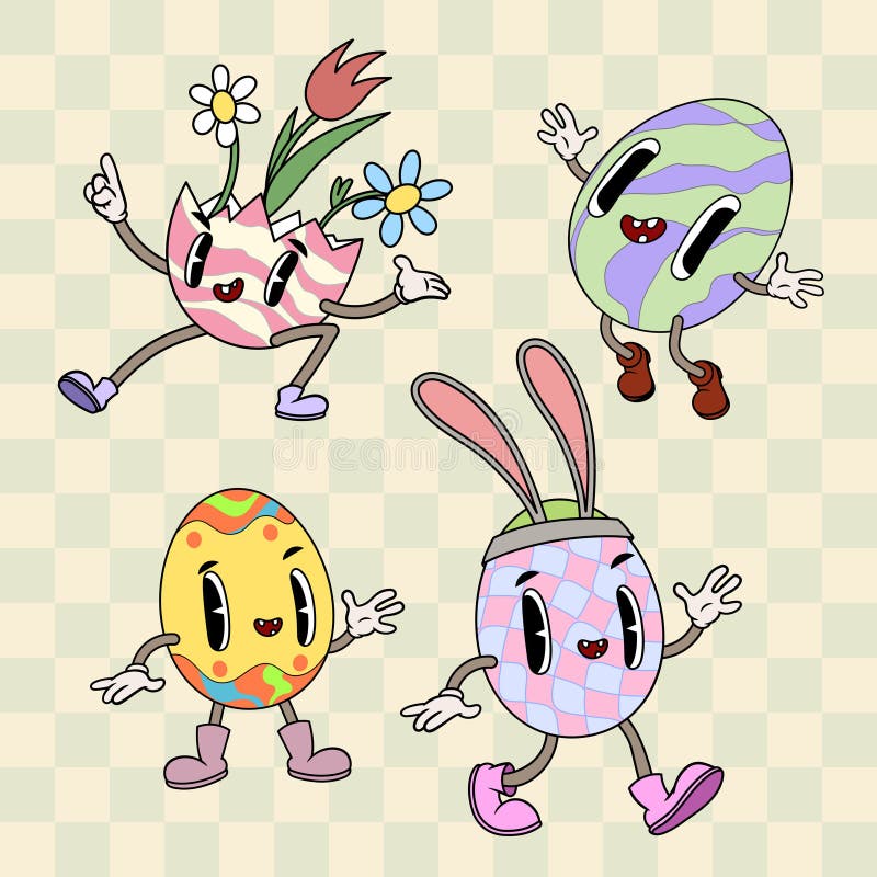 Groovy Retro Easter Cartoon Characters Set. Easter Eggs Mascots on ...