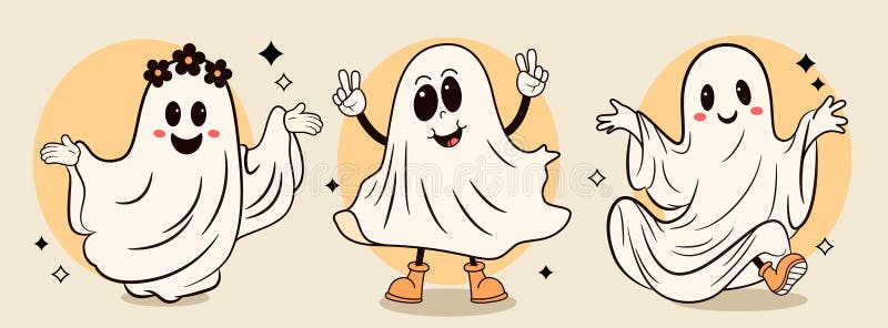 Groovy Retro Halloween Ghosts Set. Spooky Vibes. Vector Illustration ...