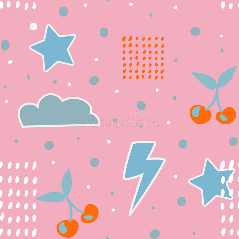 Groovy Seamless Patterns with Cherry, Lightning, Clouds and Dots ...