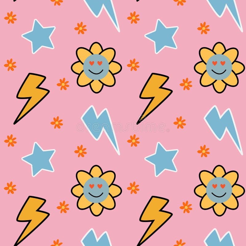 Groovy Seamless Patterns with Cherry, Lightning, Clouds and Dots ...