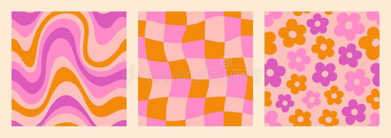 Groovy Seamless Patterns Set with Waves, Checkerboard and Daisy Flowers ...