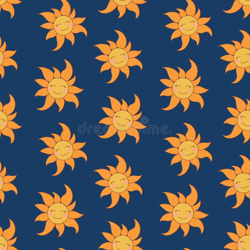 Groovy Smiling Sun on Blue Background Seamless Pattern Stock Vector ...