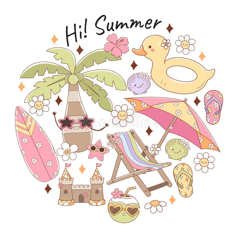 Groovy Summer Vibes, Retro Vacation Doodle Cartoon Style Hand Drawn ...