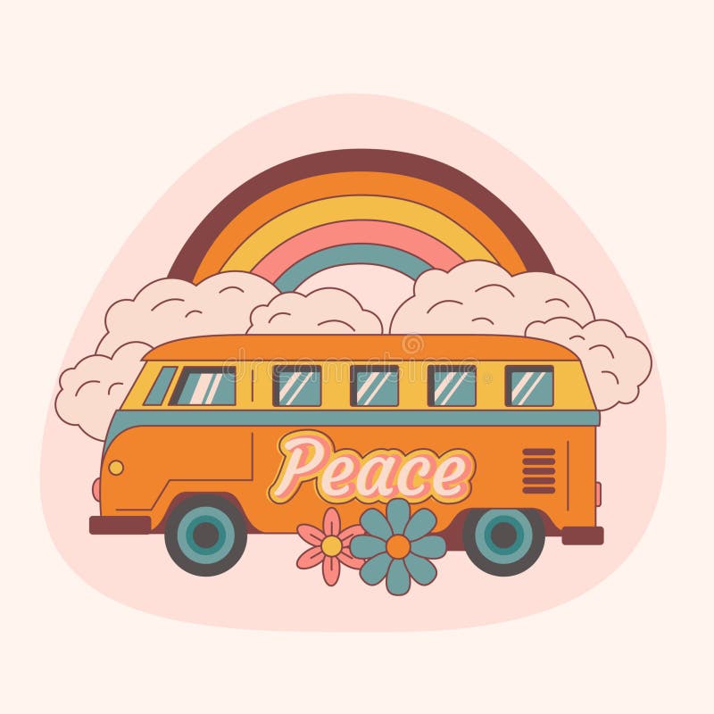 Groovy Van Illustration in Hand Drawn Style Stock Illustration ...