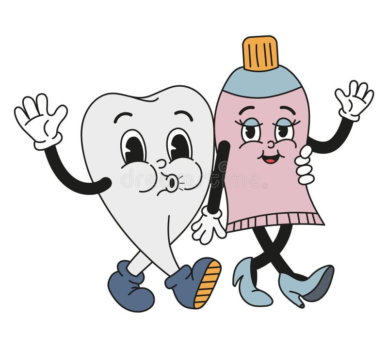 Groovy Walking Tooth And Toothpaste In Old Classic Cartoon Style Stock