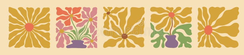 Groovy Wave Pattern with Retro Floral Elements Stock Illustration ...
