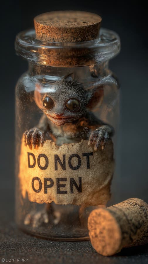 Grotesque Imp-like Creature Captured Inside a Glass Jar on a Rustic ...