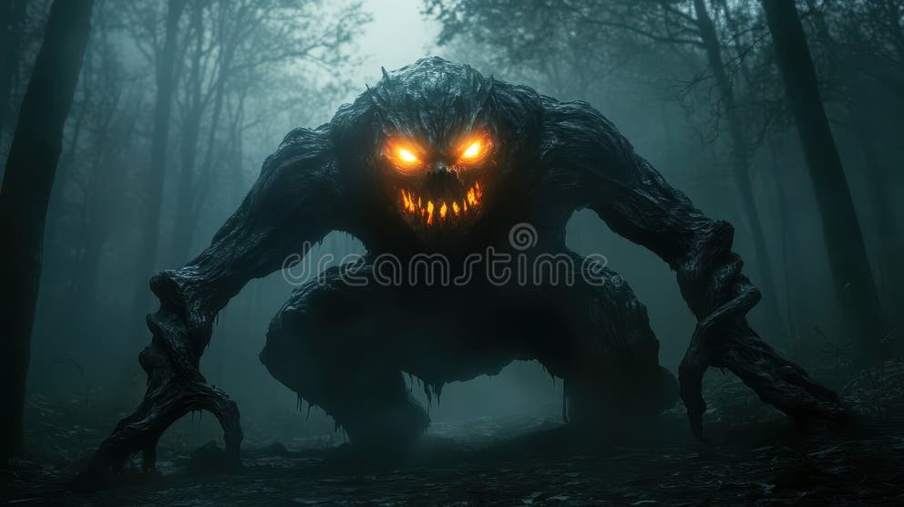 Grotesque Monster with Glowing Eyes in Dark Forest Stock Illustration ...