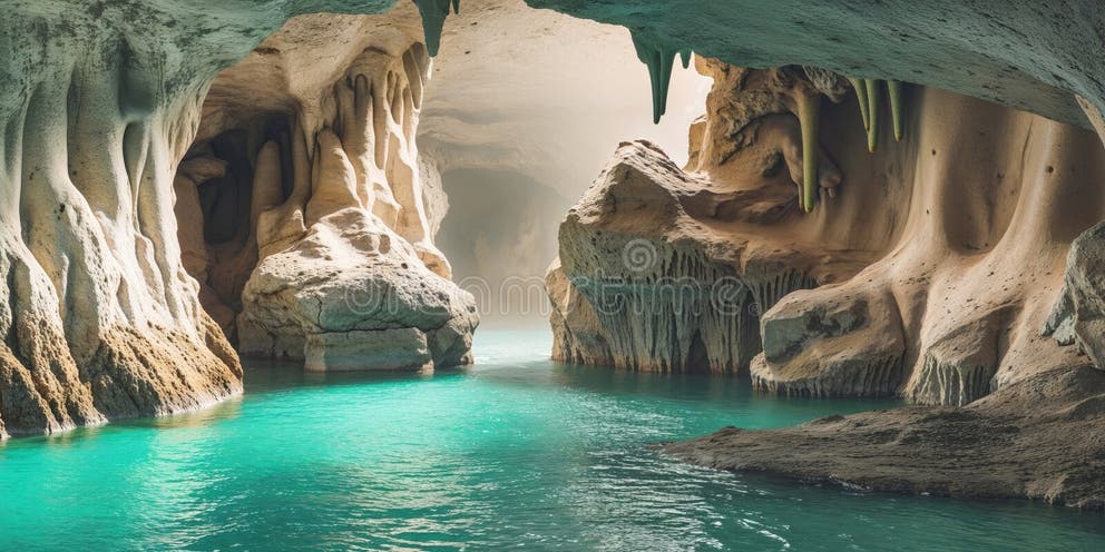 Grotto with Turquoise Water and Rock Formations Stock Image - Image of ...
