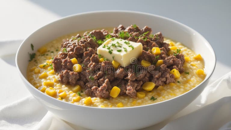 Ground Beef and Corn Grits in White Bowl Stock Image - Image of steak ...