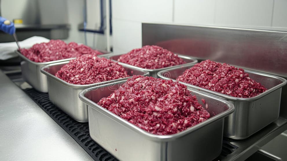 Ground Beef in Stainless Steel Trays Ready for Processing Stock ...