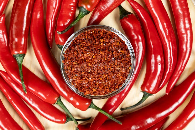 Ground Chili Seasoning and Fresh Chili Peppers Top View. Stock Photo ...