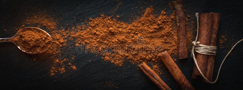 Ground Cinnamon in Teaspoon, and Cinnamon Sticks on Dark Background ...
