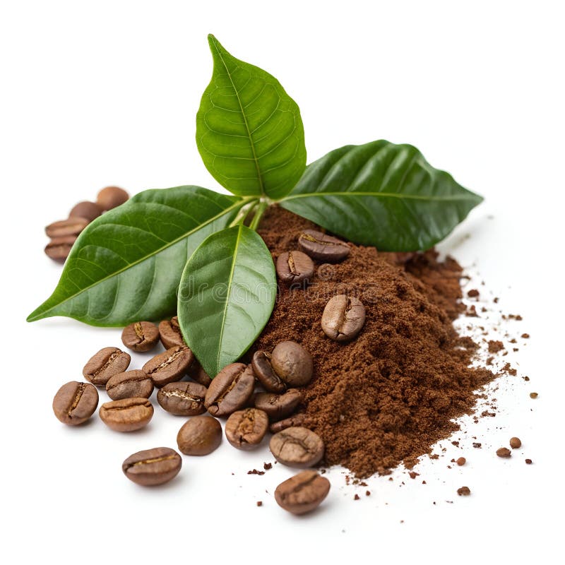 Ground Coffee Beans and Green Coffee Leaves Isolated on White ...