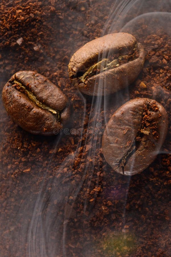 Ground Coffee and Coffee Beans, Coffee in Light Smoke. Stock Photo ...
