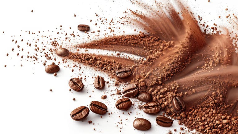 Ground Coffee Dust Explodes Dynamically with Coffee Beans Stock Photo ...