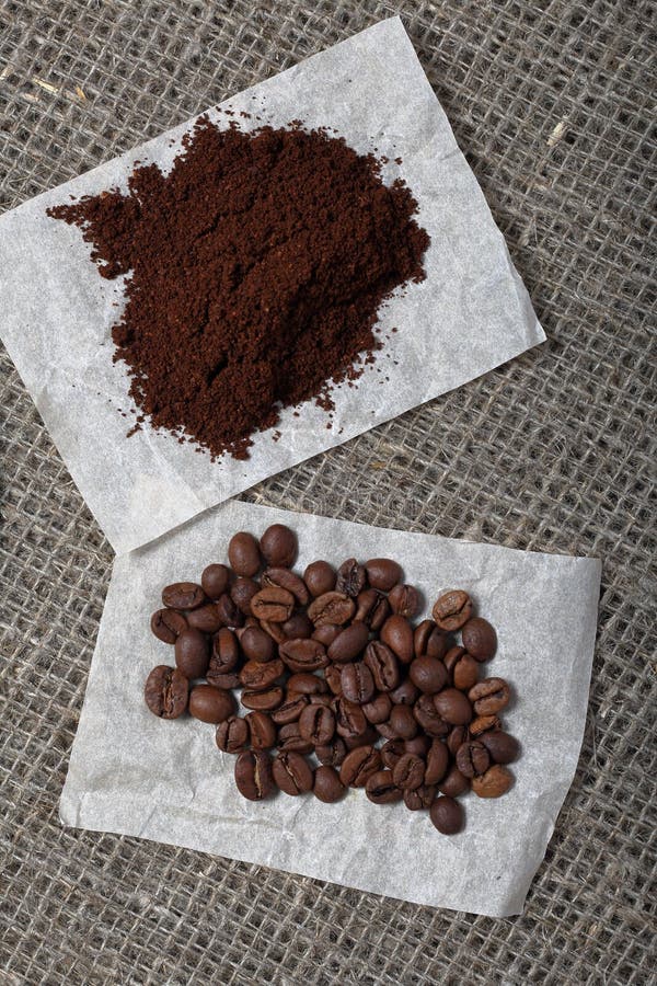 Ground Coffee and Coffee Grains on a Background of Coarse Linen Cloth ...