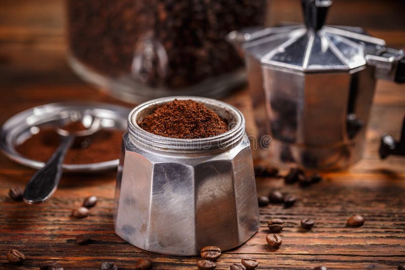 Ground Coffee in Porta Filter Holder on Blue Background Stock Image ...