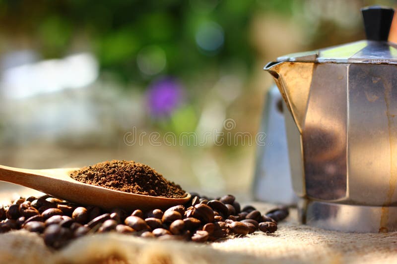 Ground Coffee on Wood Spoon with Roasted Coffee Beans Coffee Pot Stock ...