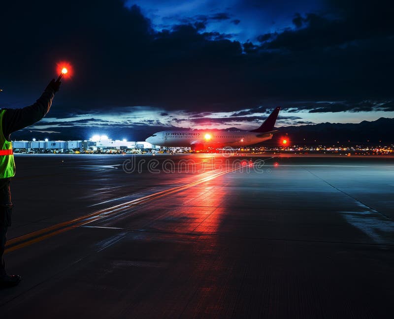 A Ground Crew Guiding a Large Passenger Aircraft into Position on the ...