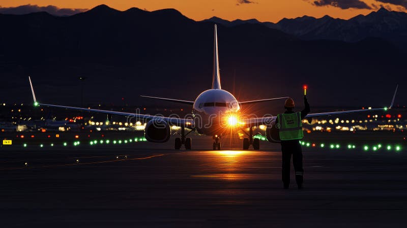 A Ground Crew Guiding a Large Passenger Aircraft into Position on the ...
