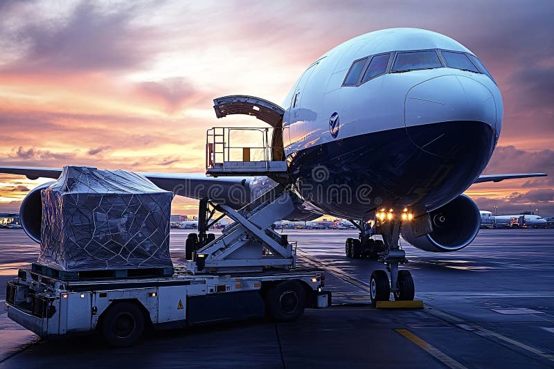 Airport Team Loading Cargo on Airplane at Sunset Stock Image - Image of ...