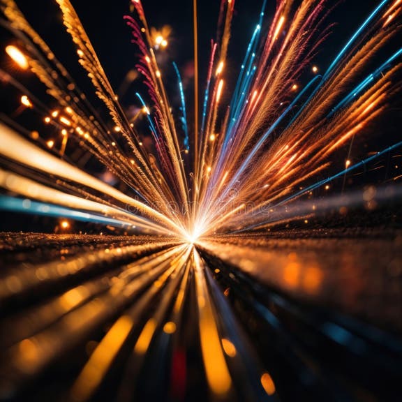 Ground Firework Display at Night with Sparks and Bokeh Lights ...
