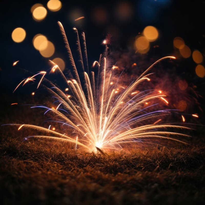Ground Firework Display at Night with Sparks and Bokeh Lights ...