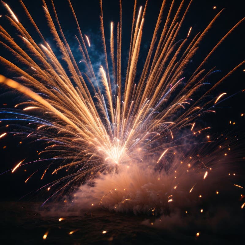 Ground Firework Display at Night with Sparks and Bokeh Lights ...