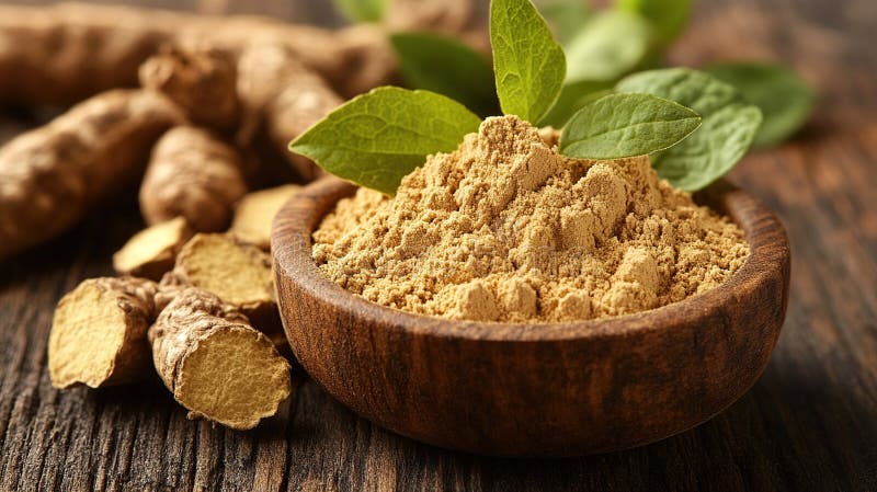 Ground Ginger in Bowl with Root on Rustic Wood Table, Close-up Stock Illustration - Illustration ...