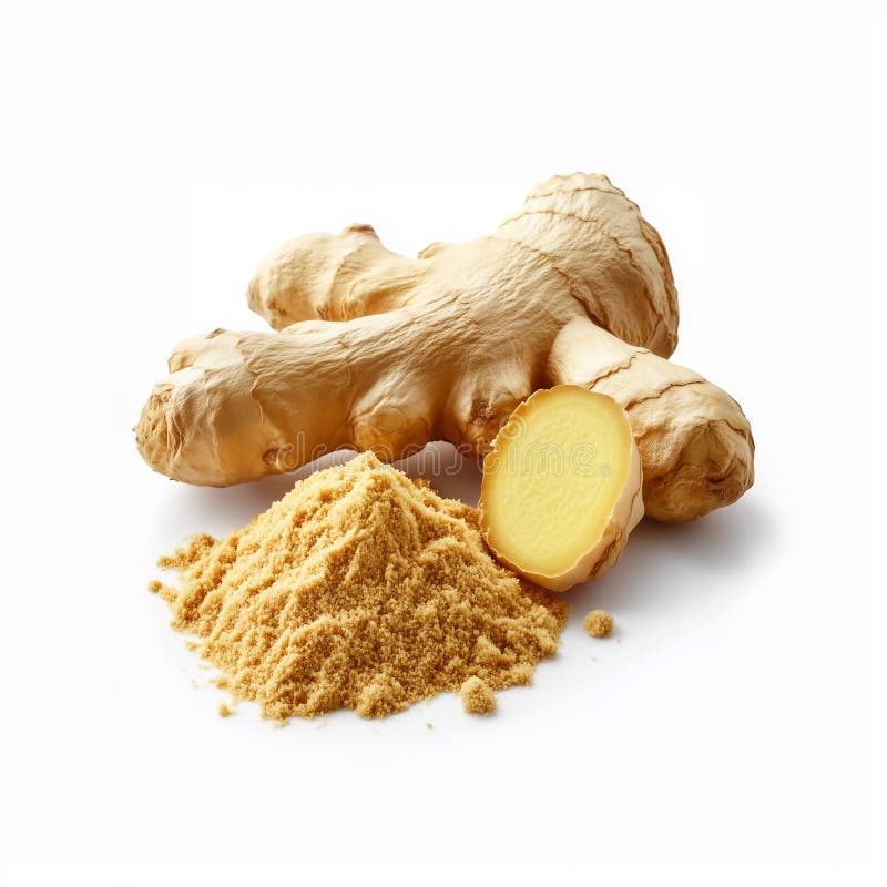 Ground Ginger with Fresh Ginger Root and Sliced Section on White ...