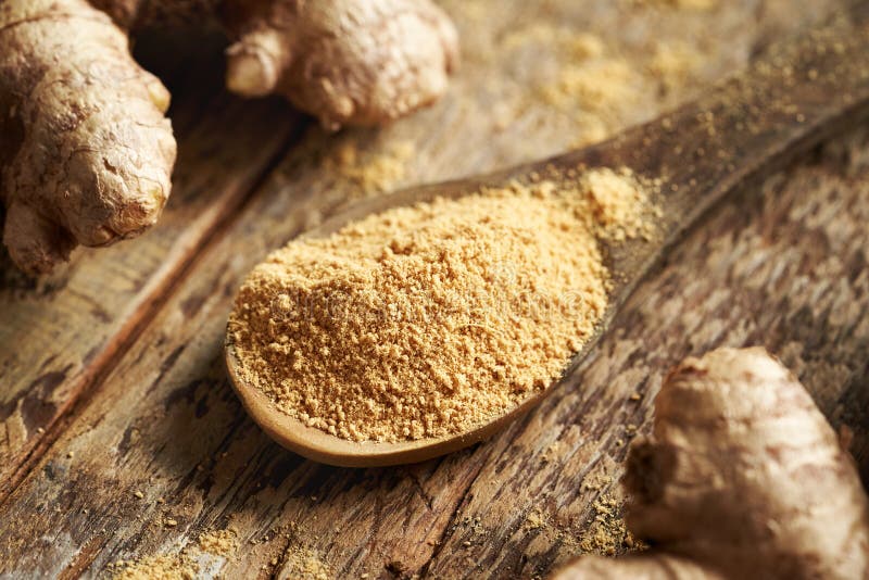 Ground Ginger Powder on a Spoon with Fresh Ginger Root Stock Photo ...