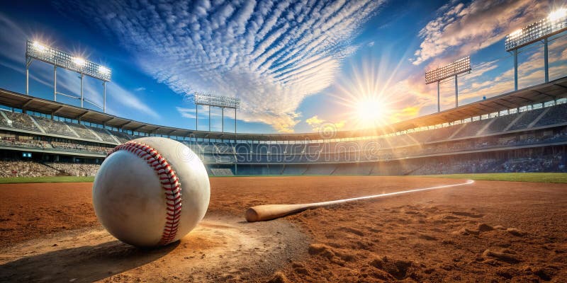 Ground-Level Baseball Stadium Sunset Ball, Bat, and Sky Stock ...