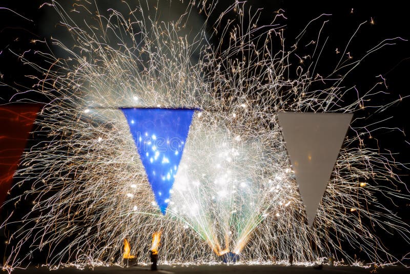 Ground Level Fireworks Behind Red White and Blue Banner Flags Stock ...