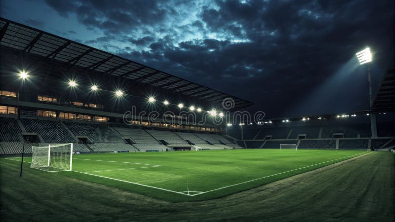 Ground Level Night Stadium, Green Field, Stormy Sky Stock Illustration ...