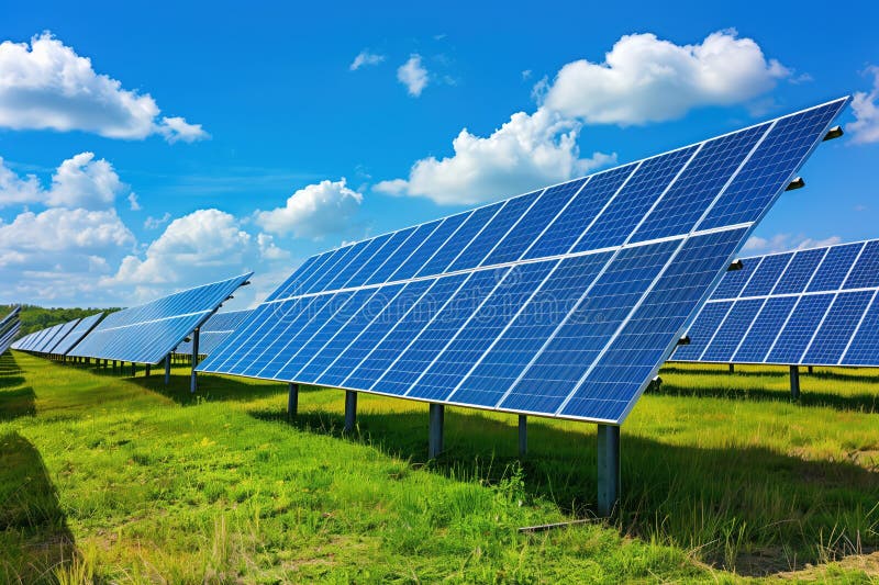 Solar Farm Landscape with Rows of Blue Panels Under Clear Blue Sky ...