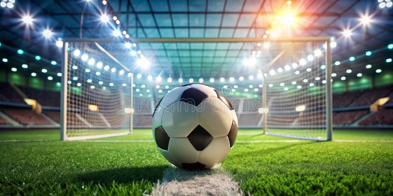Ground-Level Soccer Ball Stadium Goal, Lights, Grass Stock Illustration ...